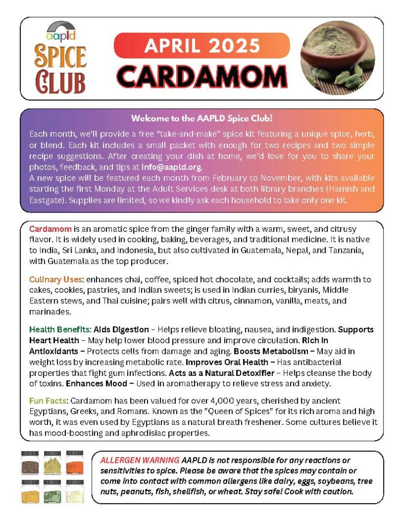 Spice Club – April 2025 – Cardamom – Algonquin Library Adult Services