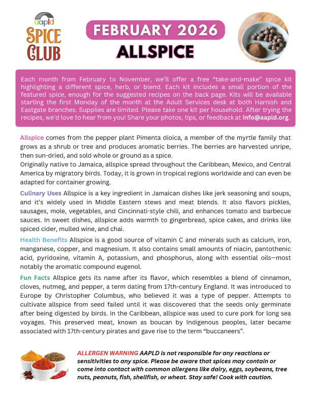 Spice Club – February 2026 – Allspice – Algonquin Library Adult Services