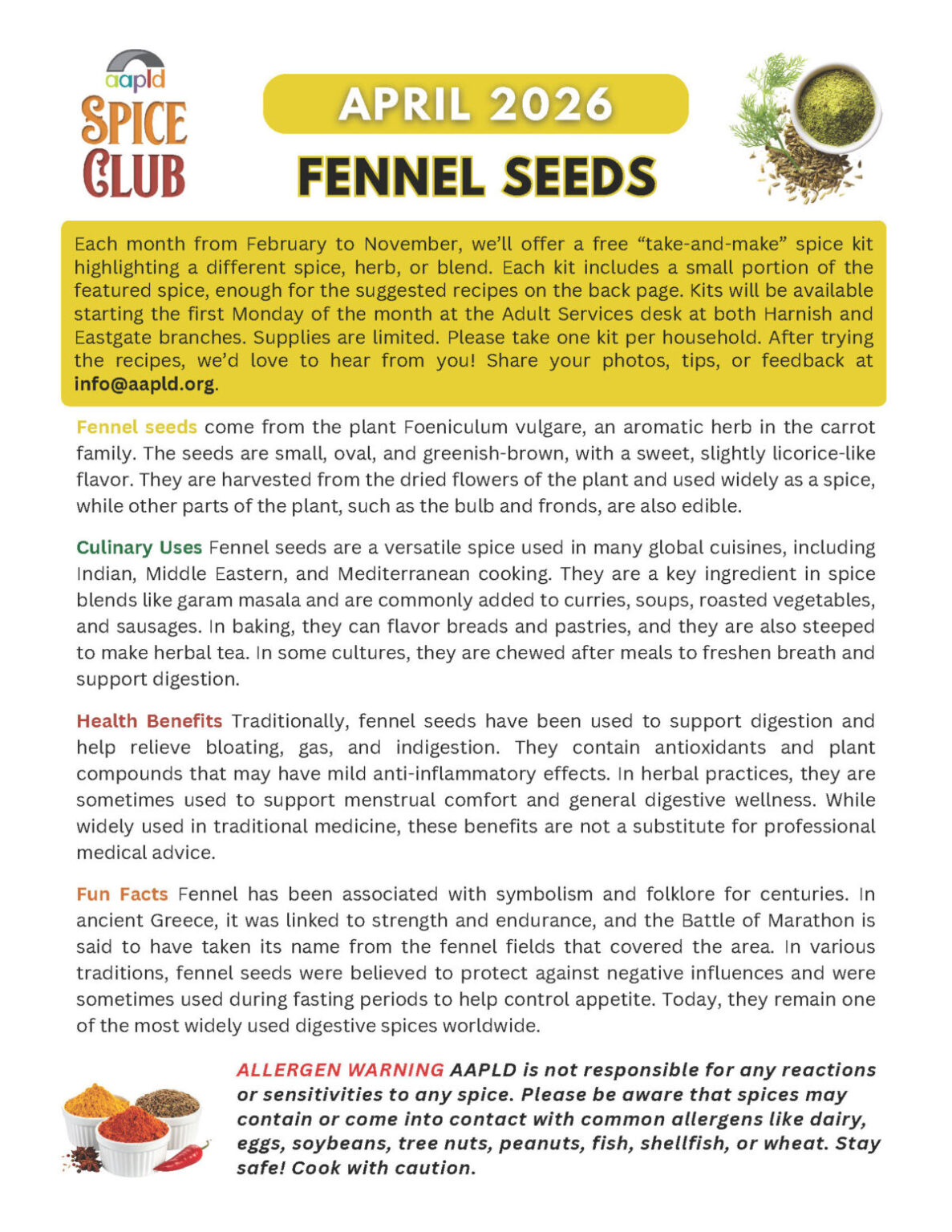 Spice Club – April 2026 – Fennel Seeds – Algonquin Library Adult Services